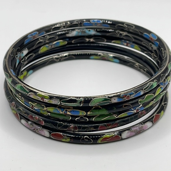 Jewelry | Jet Black 5 Piece Cloisonne Vintage Bangle Bracelet Stack ...